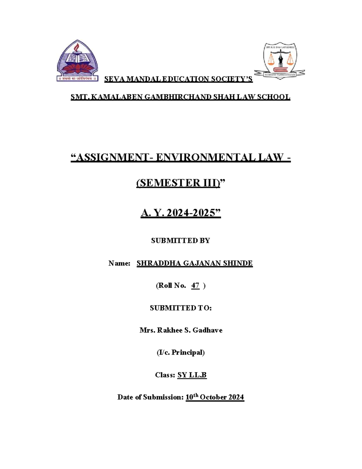 Cover page envi - environment - Law (LL.B.) - SEVA MANDAL EDUCATION ...