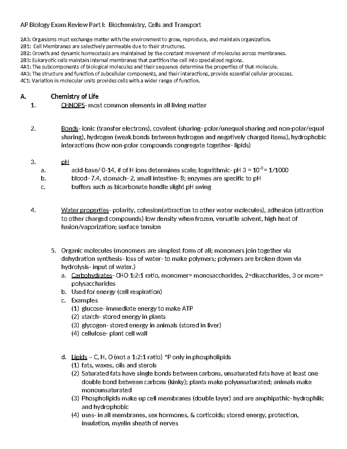 AP Biology Exam Review: Unit 1 - Biochemistry, Cells & Transport - Studocu
