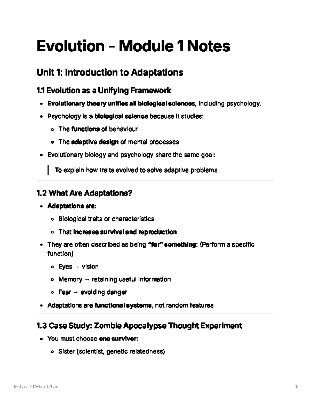 Evolution PSY 101: Module 1 Notes on Adaptations and Natural Selection ...