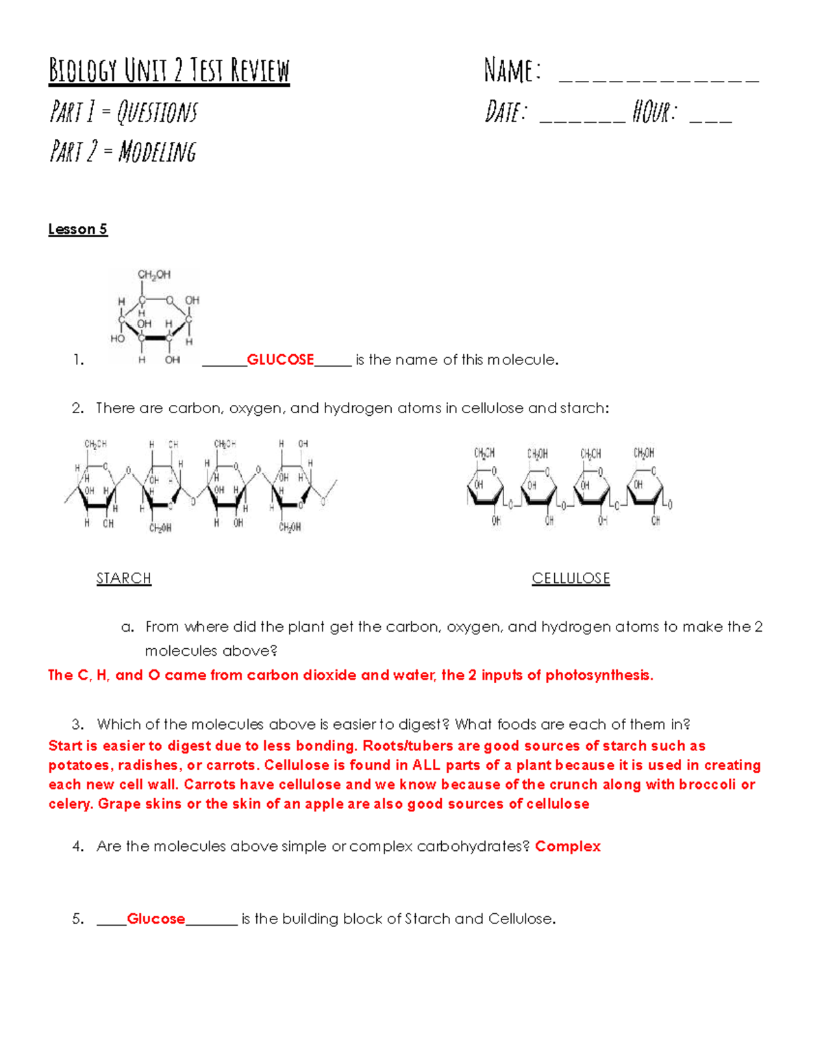 Biology Unit 2 Test Review & Modeling Practice Notes - Studocu