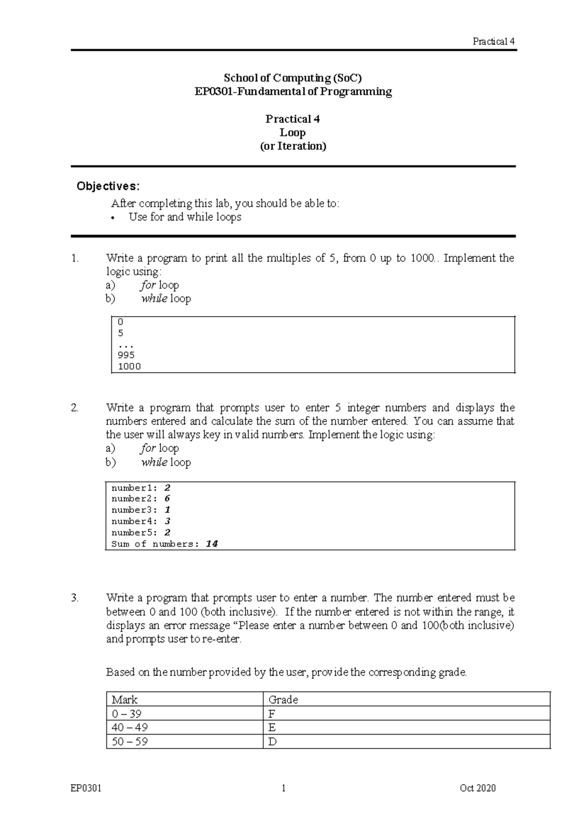 Practical 4 - Loop Programming (SoC) Lab Exercises and Objectives - Studocu