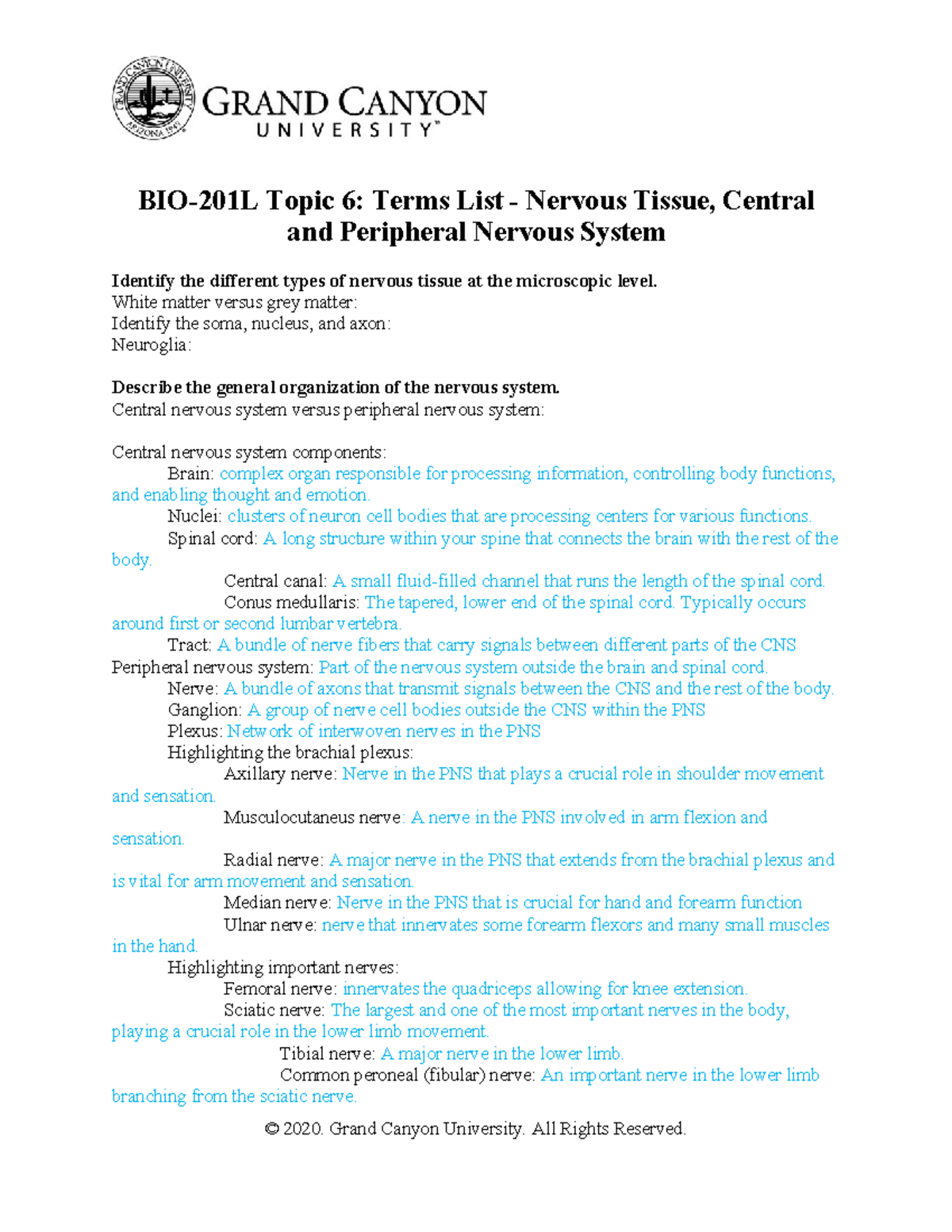 Topic 6: Nervous Tissue & CNS/PNS Overview - Key Terms List - Studocu