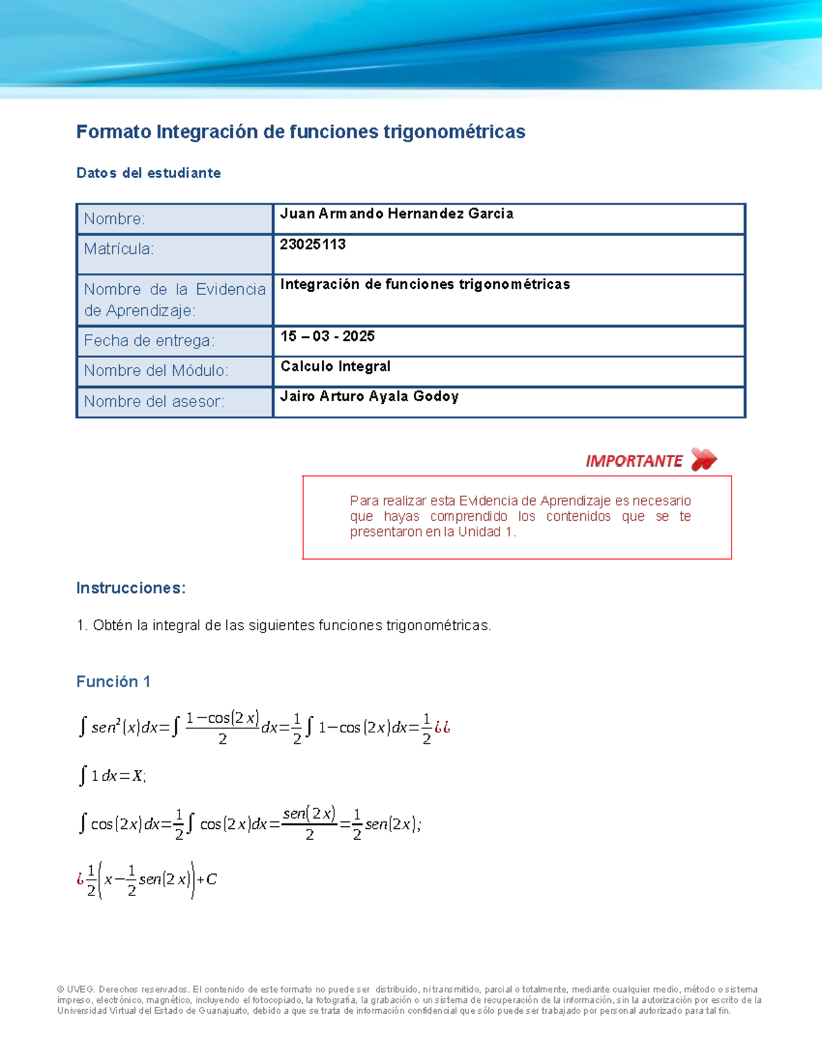 Cálculo Integral: Integración de Funciones Trigonométricas - Studocu