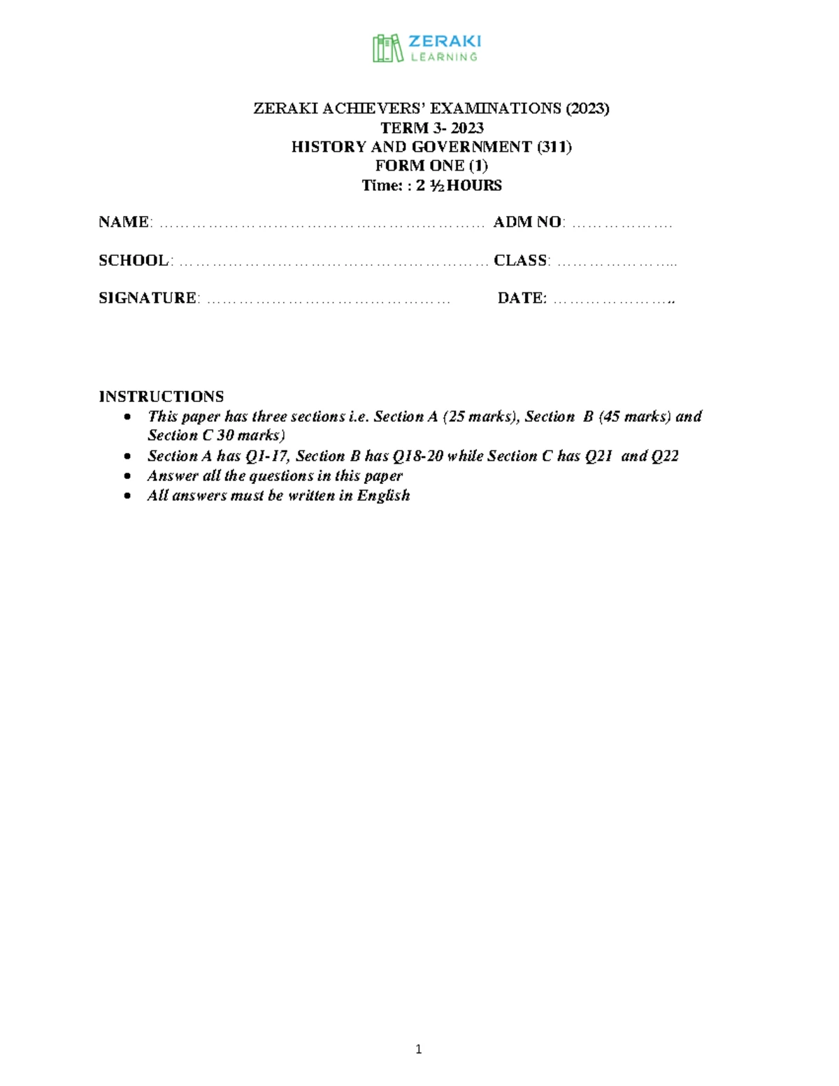History - History and Government Form 1 - Term 3 Exam Paper (311) - Studocu