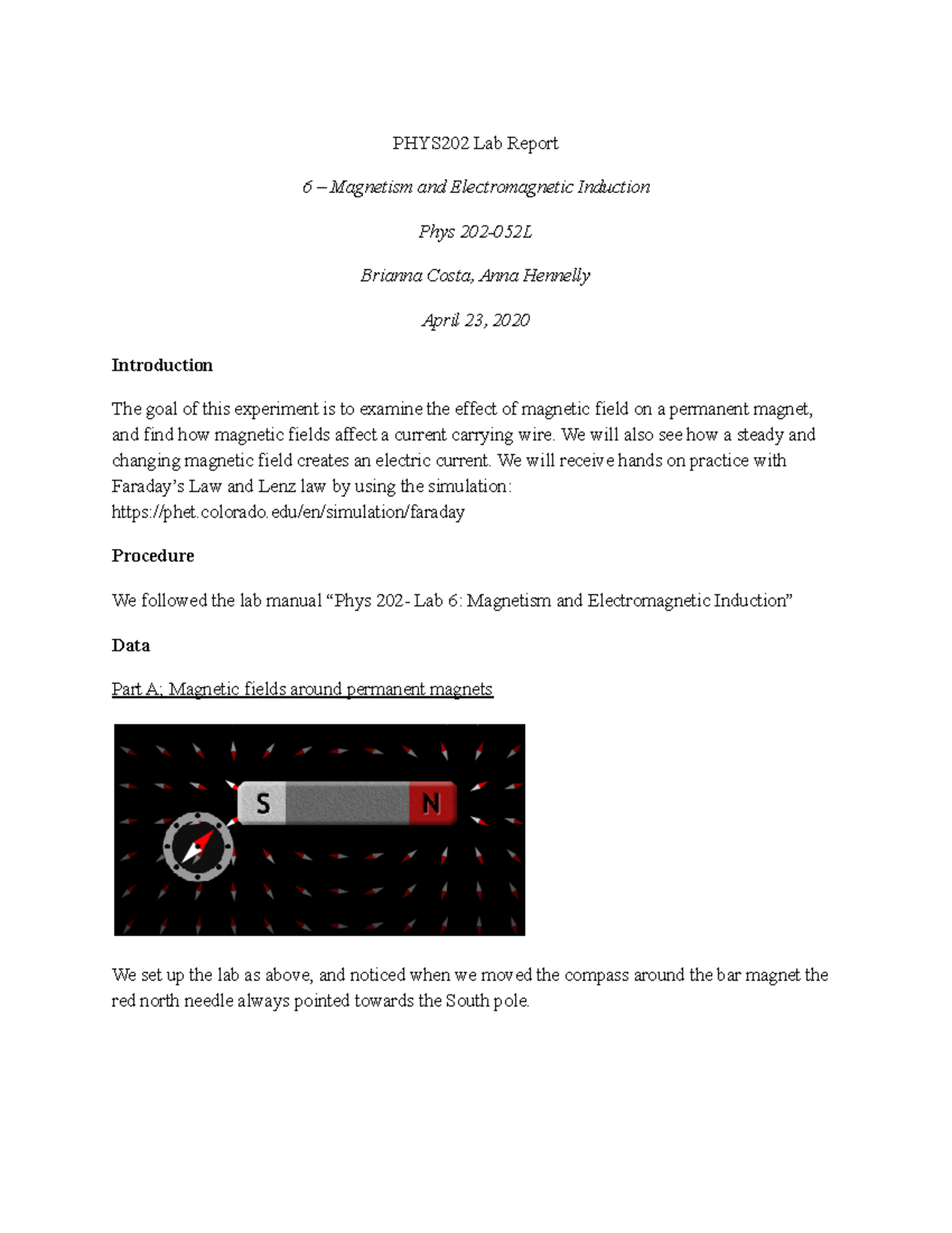 PHYS202 Lab 6: Magnetism & Electromagnetic Induction Report - Studocu