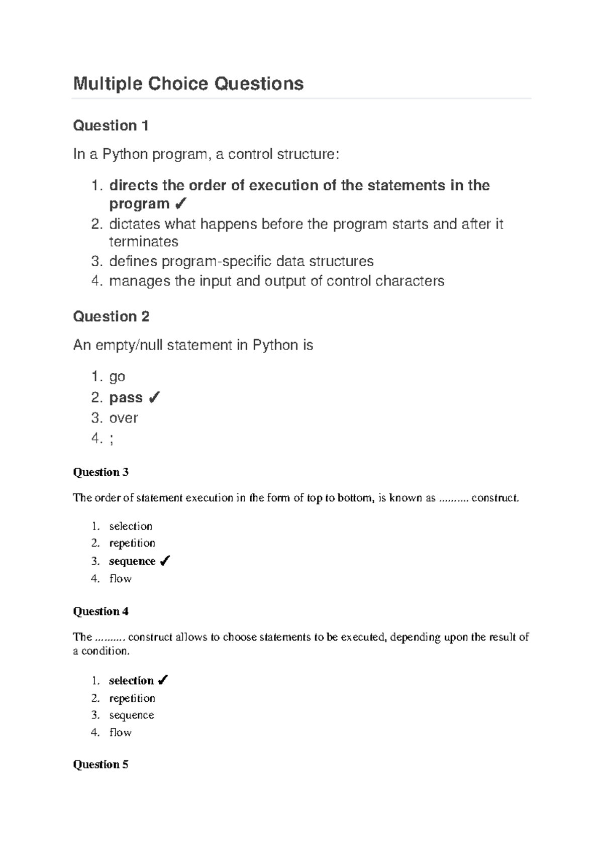 Question Bank: Flow of Control MCQs for Python Programming - Studocu