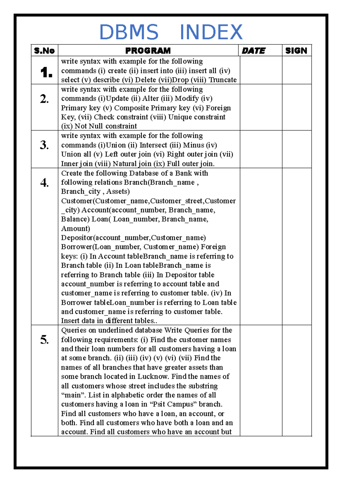DBMS Index AKTU - Practical Commands and Database Queries Guide - Studocu
