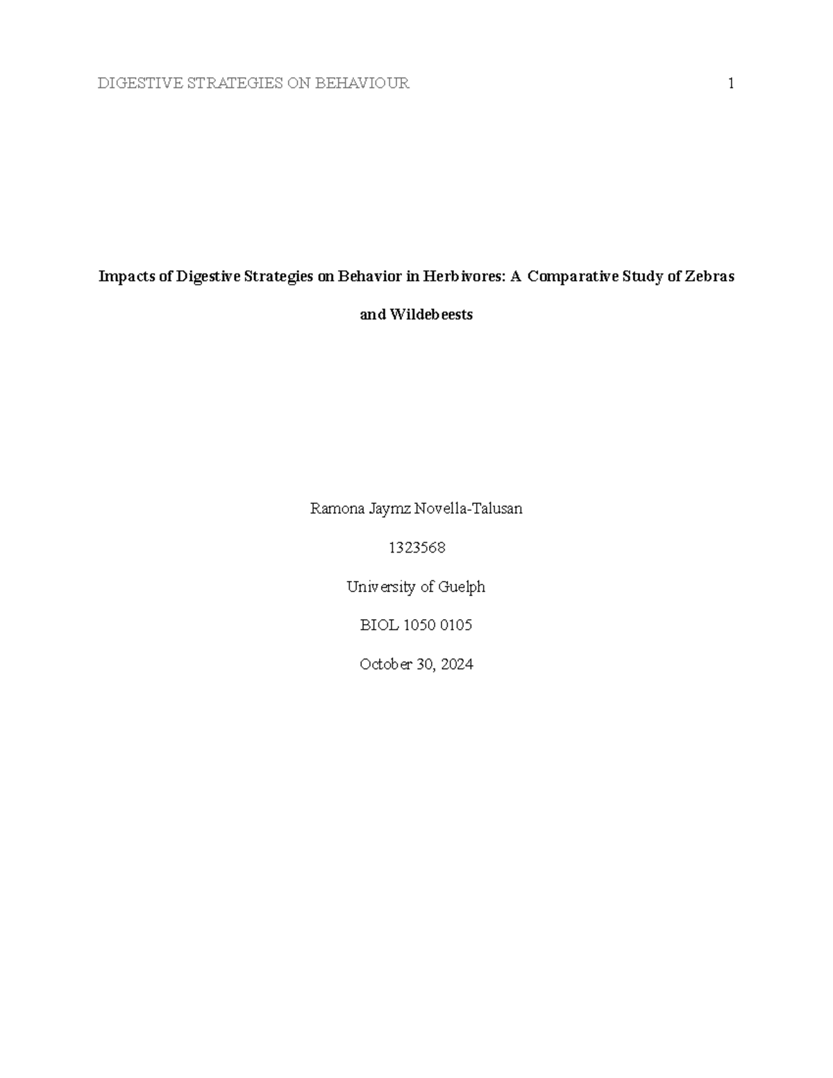 BIOL 1050: Digestive Strategies and Behavior in Zebras vs. Wildebeests ...