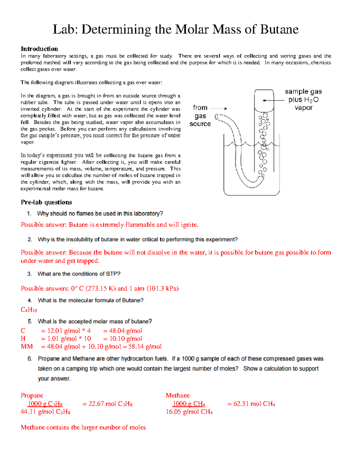 Determining the Molar Mass of Butane lab answers - Lab: Determining the ...