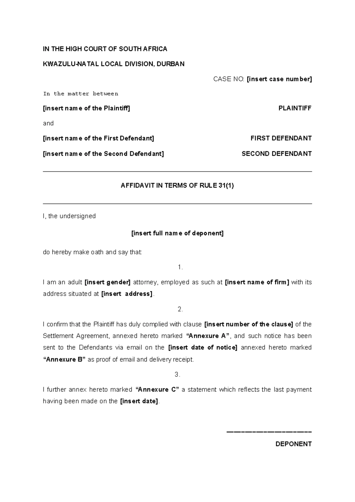 Request for Default Judgment per Rule 31 - High Court Application - Studocu