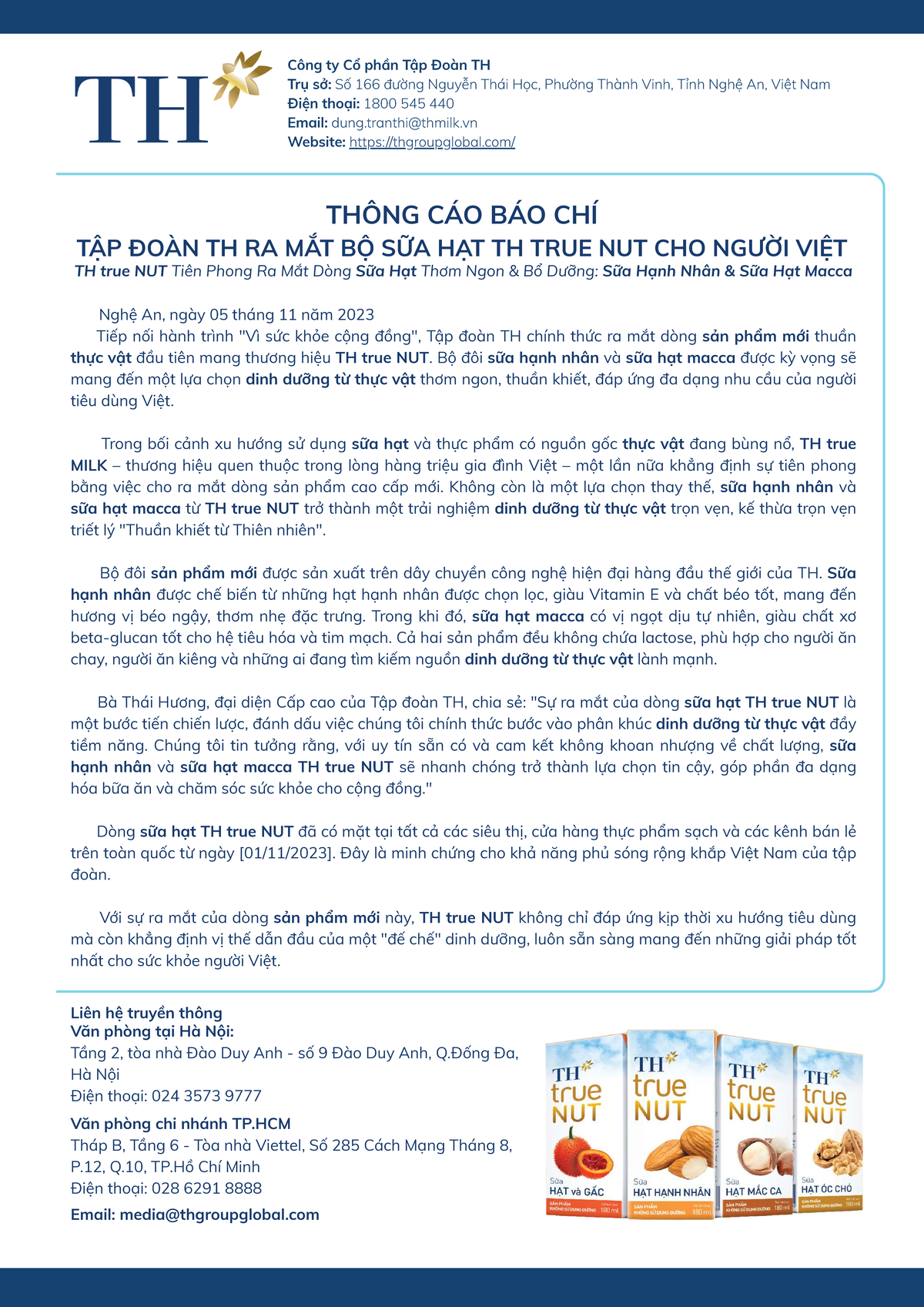 THÔNG CÁO BÁO CHÍ: Ra Mắt Sữa Hạt TH true NUT Từ Tập Đoàn TH - Studocu