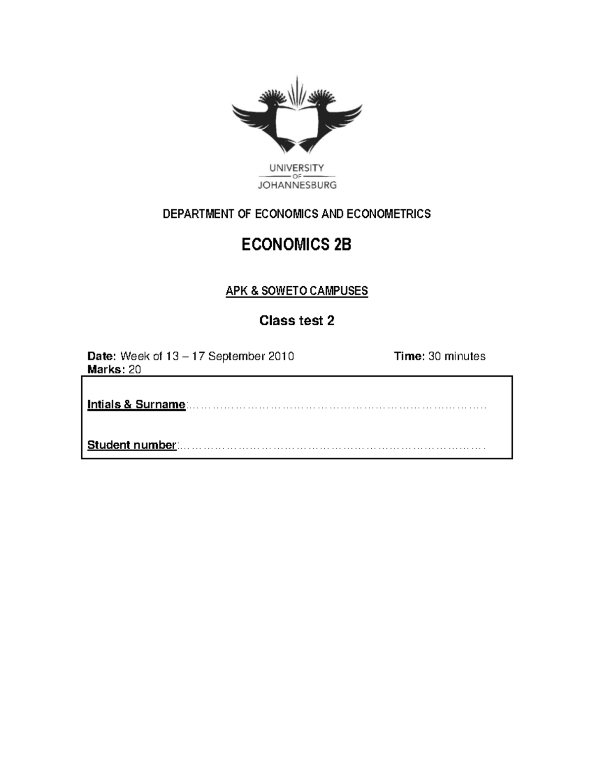 ECO2B Class Test 2 - Economics 2B Exam Questions (2010) - Studocu