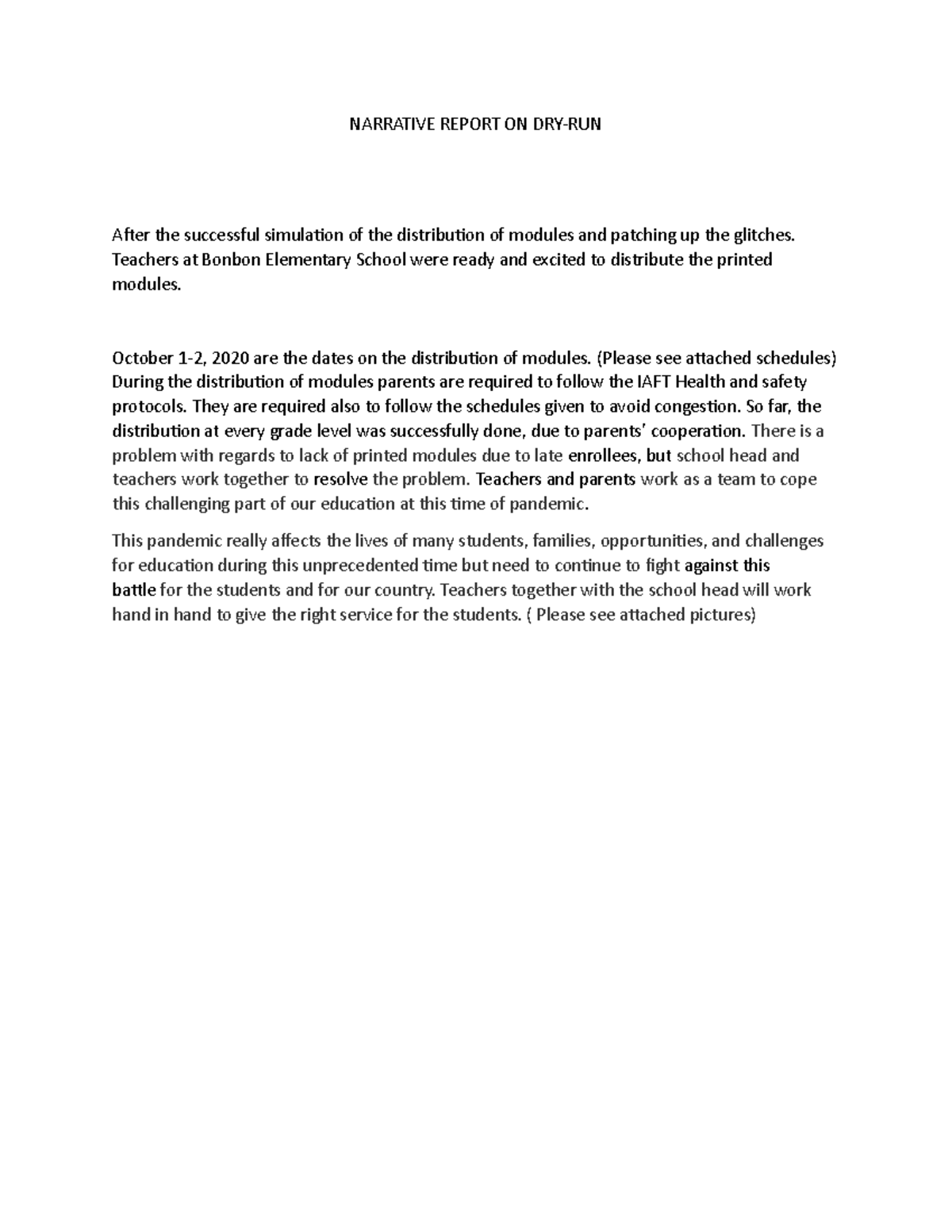 Distribution of Modules: Narrative Report on Dry-Run Activities - Studocu