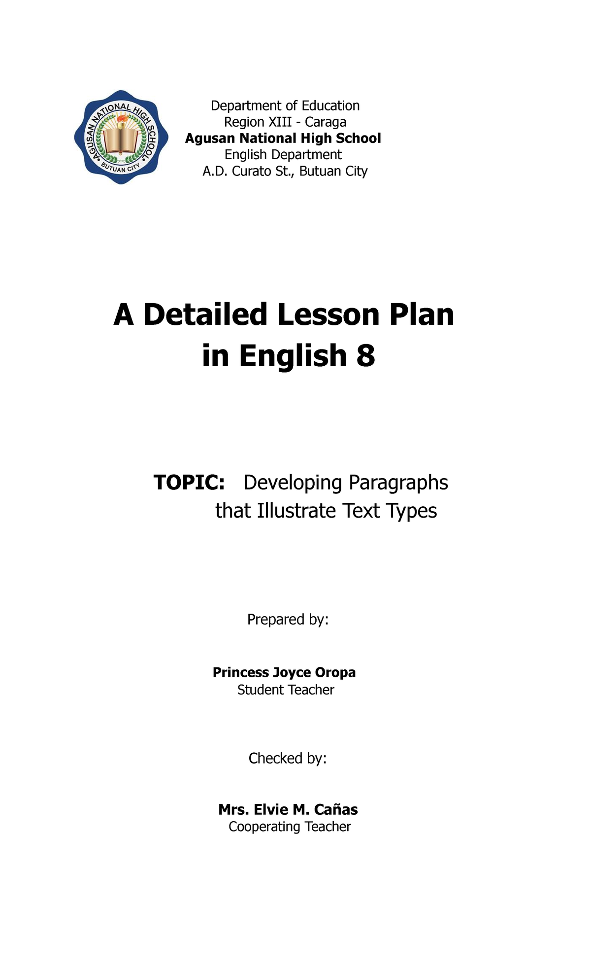5Es Lesson Plan for Developing Paragraphs - Department of Education ...