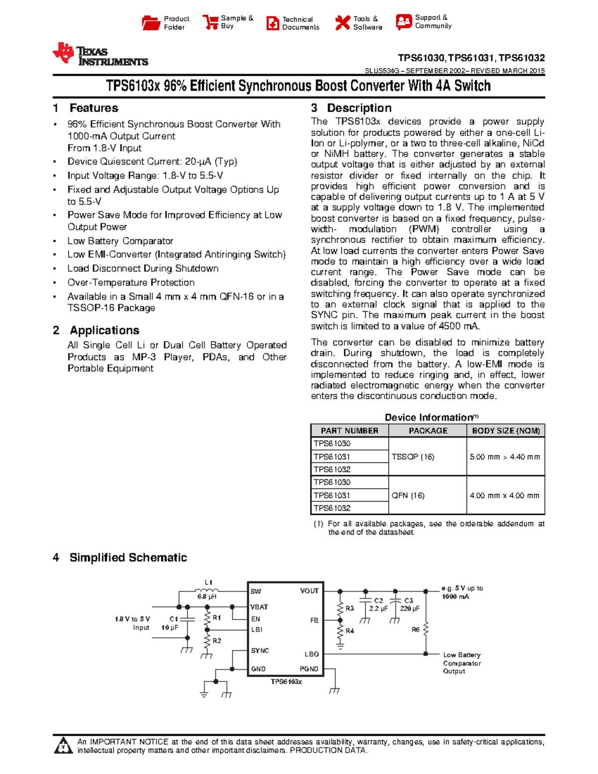 TPS6103x Efficient Synchronous Boost Converter Overview SLUS534G - Studocu