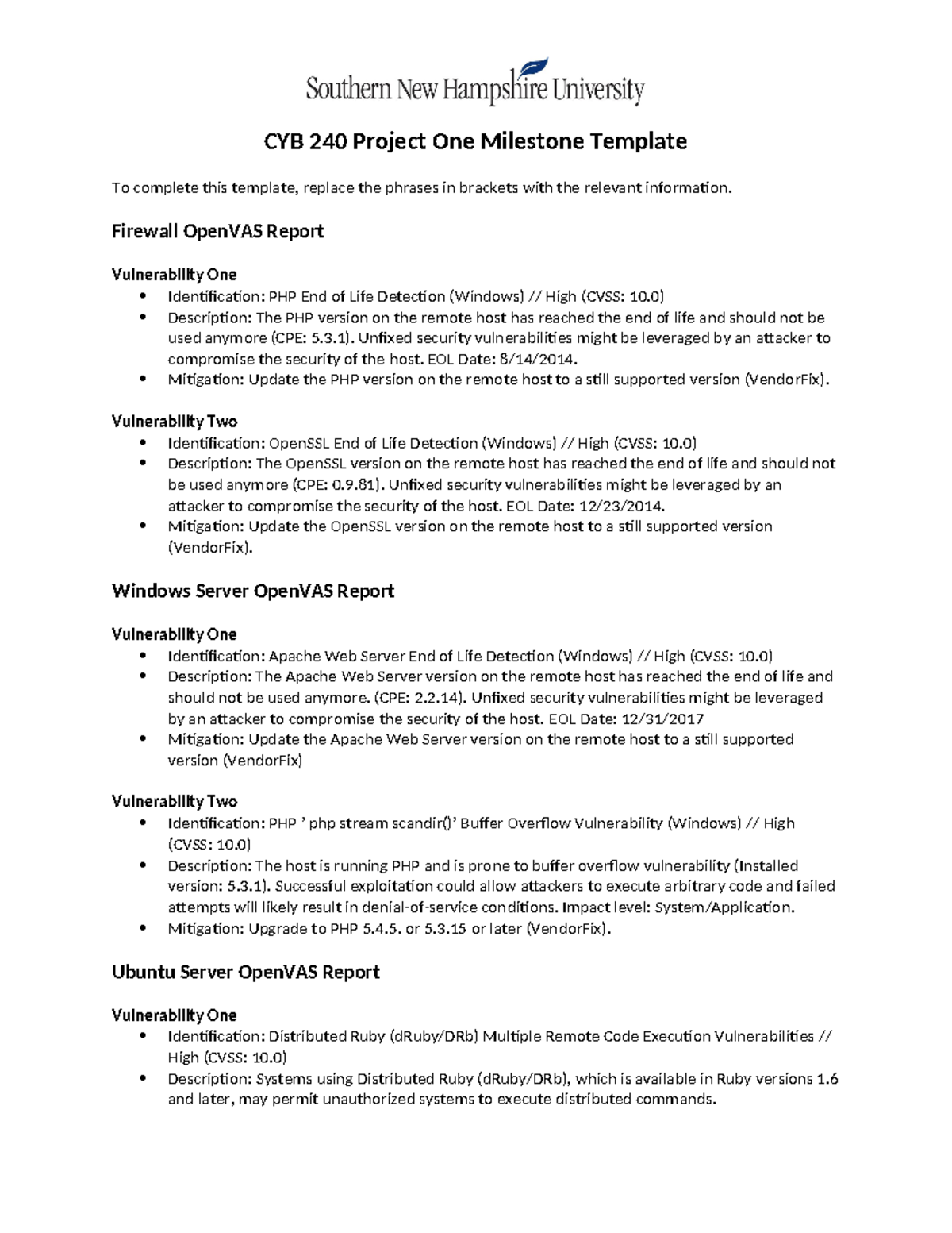 CYB 240 Project One Milestone Template: OpenVAS Vulnerability Report ...