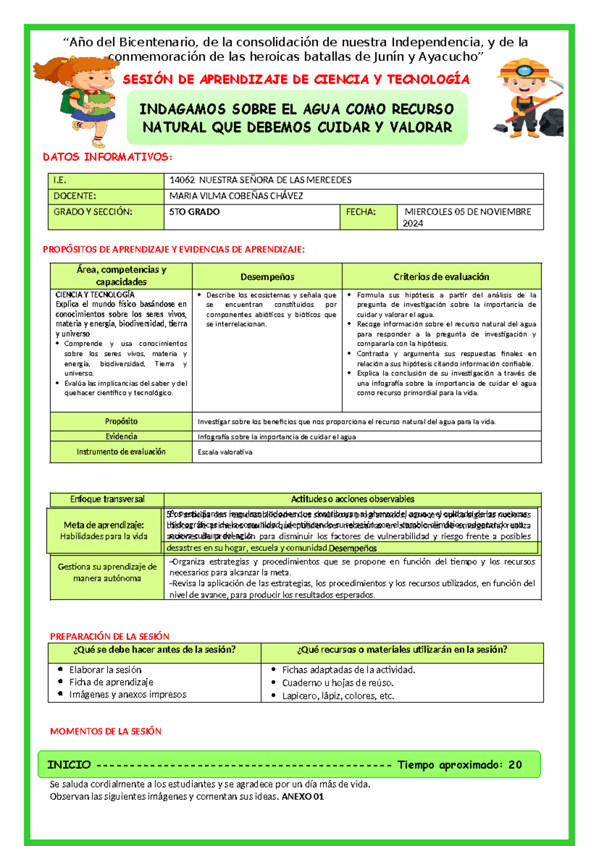 Sesión de Aprendizaje: Indagamos sobre el Agua como Recurso Natural - I ...