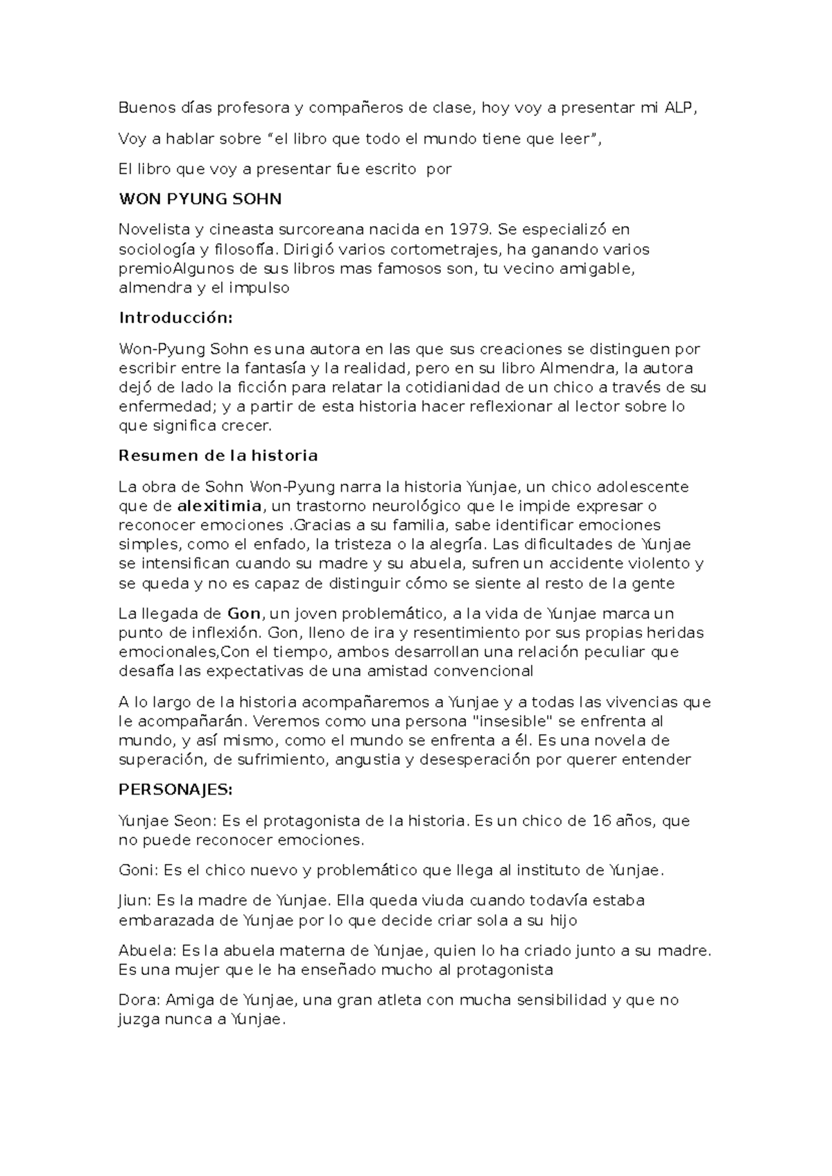 Análisis y Resumen del Libro "Almendra" de Won Pyung Sohn - Studocu