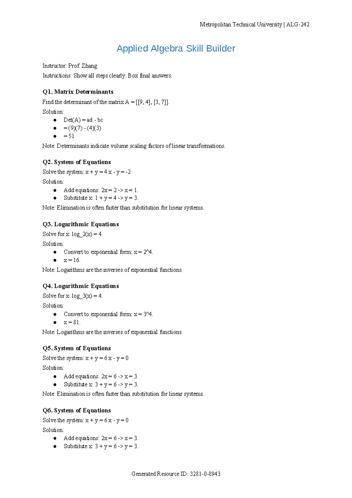 ALG-242 Applied Algebra Skill Builder: Matrix & Logarithmic Solutions ...