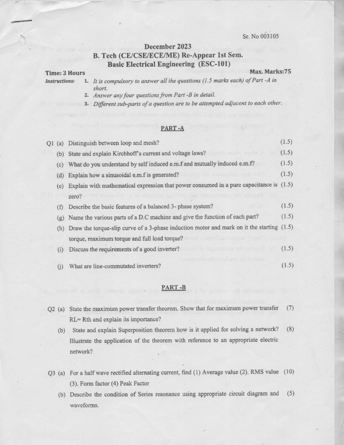 B. Tech 1st Sem Basic Electrical Engg Dec 2023 Previous Year QP - Studocu