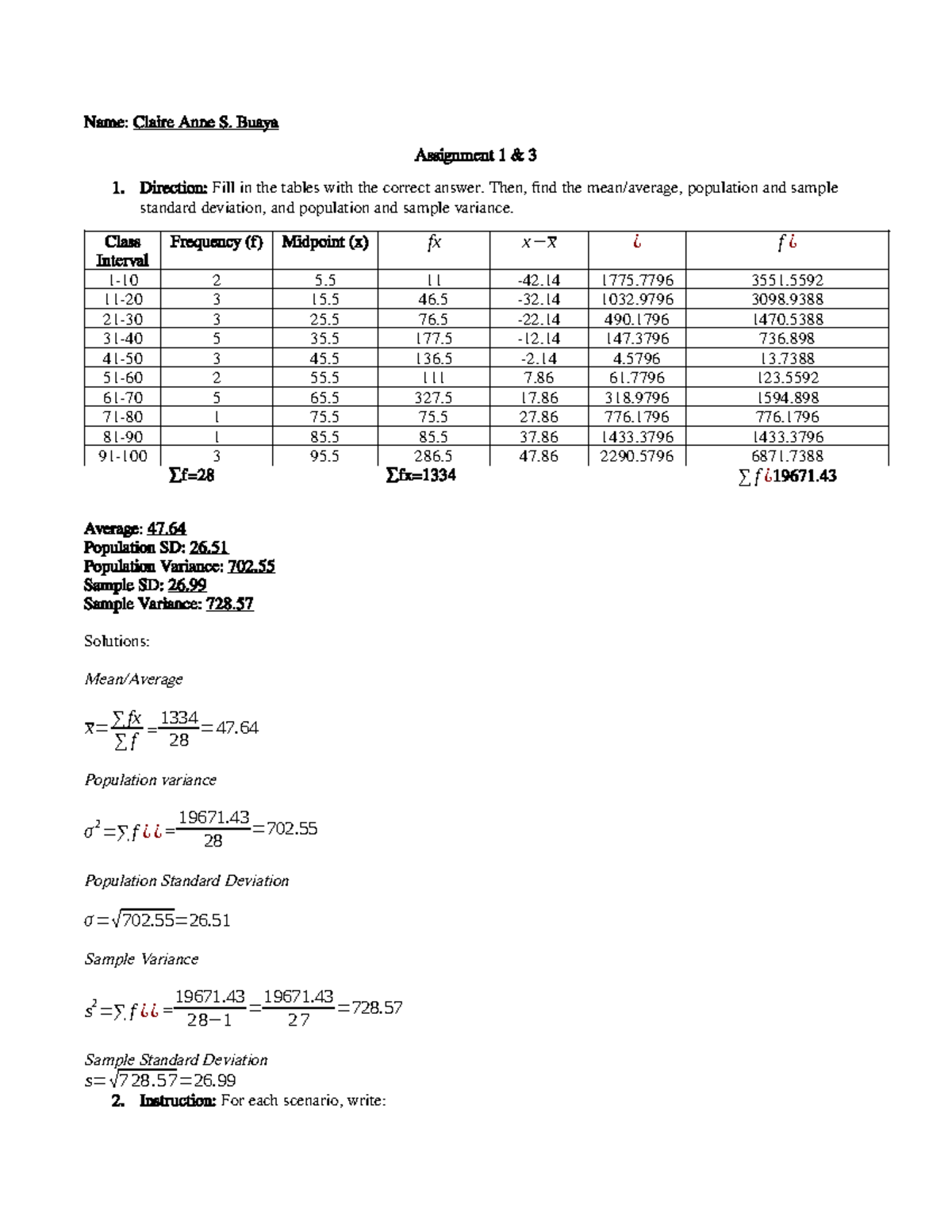 Assignment 1 & 3: Population & Sample Statistics Analysis - Studocu
