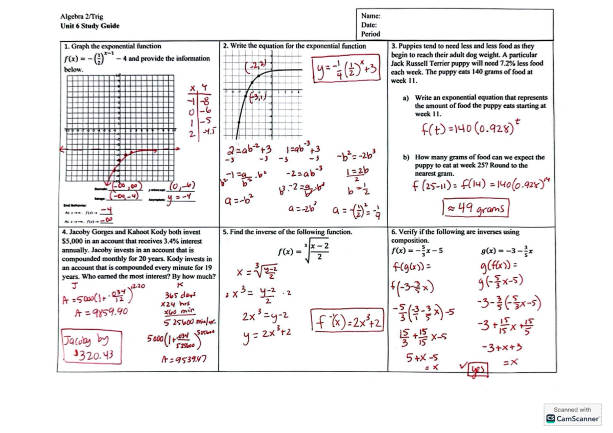 Unit 6 Study Guide Answers - Algebra Name: Unit 6 Study Guide Date ...