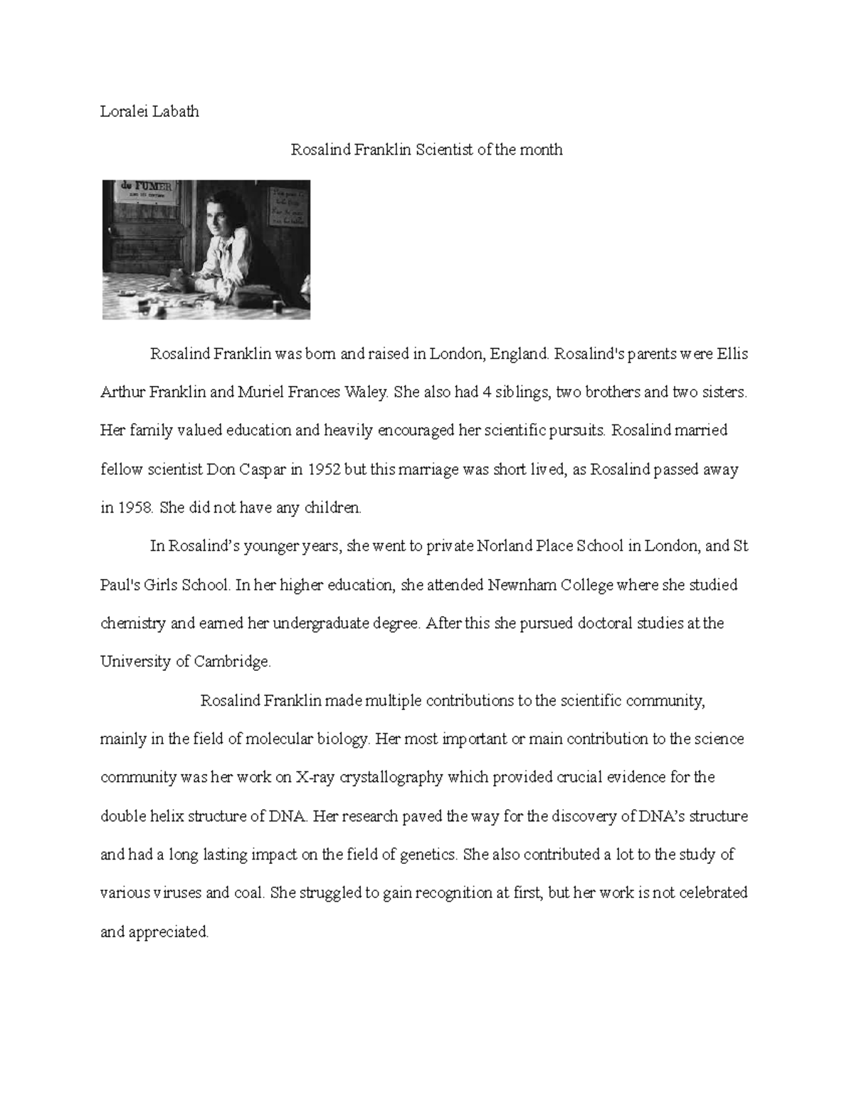Rosalind Franklin Scientist Biography - Loralei Labath Rosalind ...