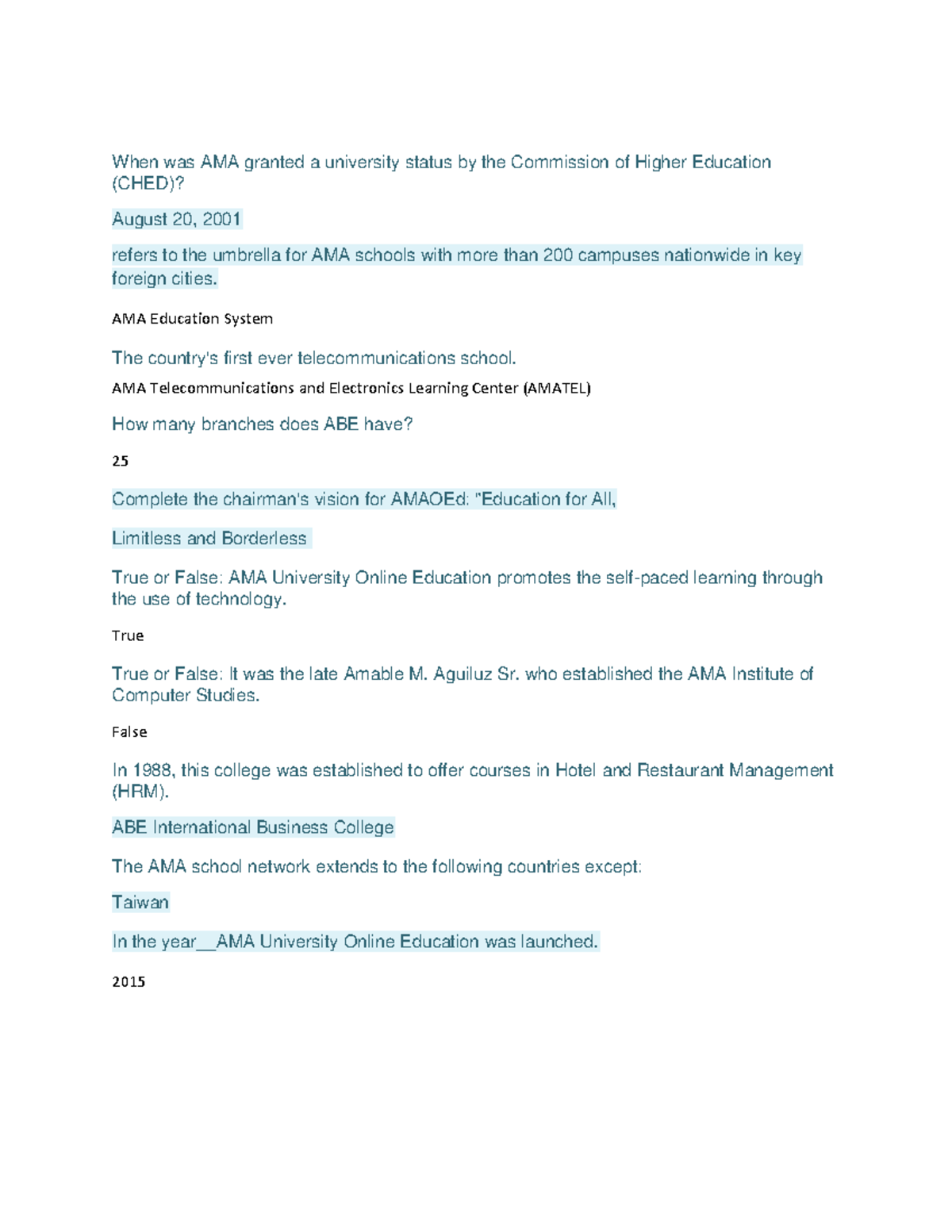 AMA University Status and Quiz Overview for ETH Course - Studocu