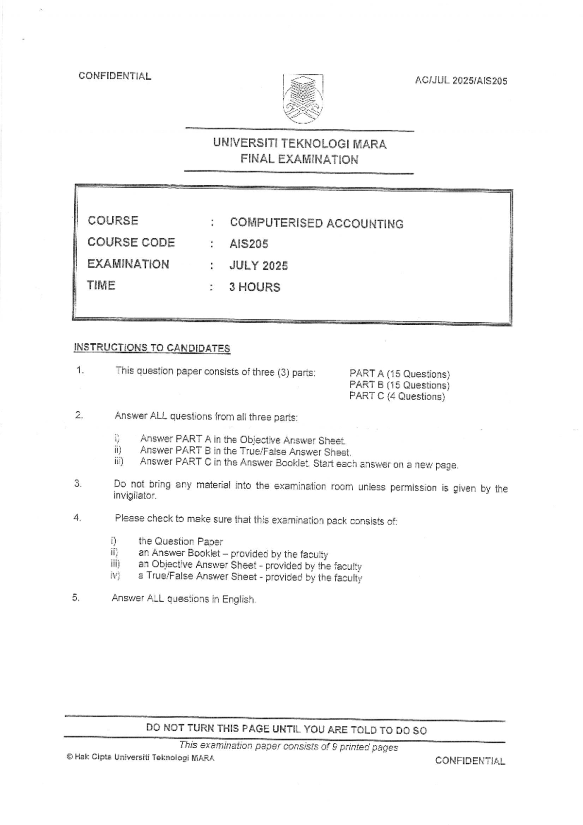 AIS205 Computerised Accounting Final Exam Paper - July 2025 - Studocu
