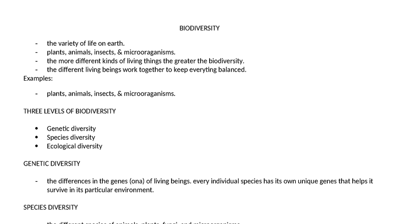 Biodiversity Overview - ENVIRONMENTAL SCIENCE Notes - Studocu