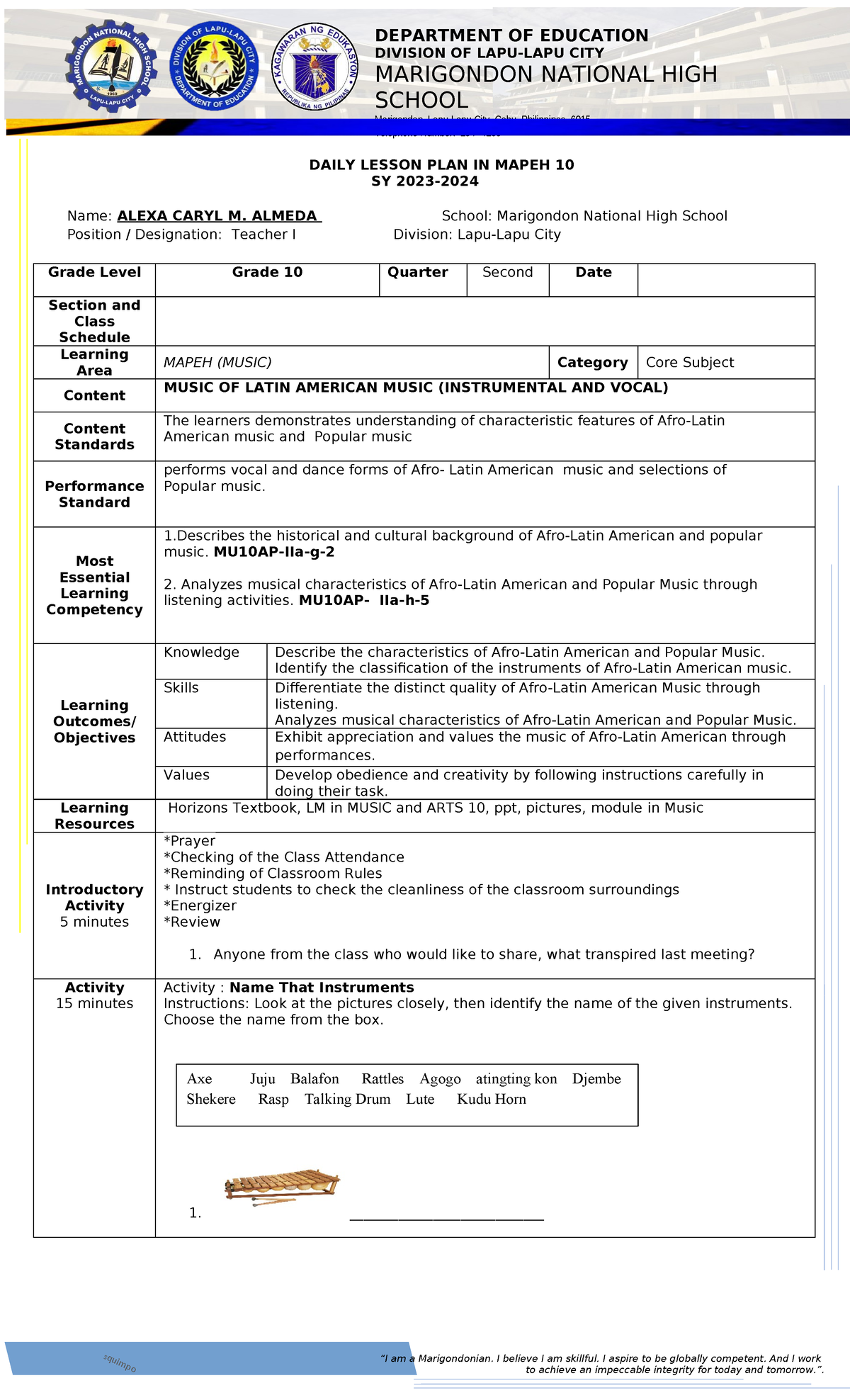 MAPEH 10 Q2 Lesson Plan: Latin American Music Insights - Studocu