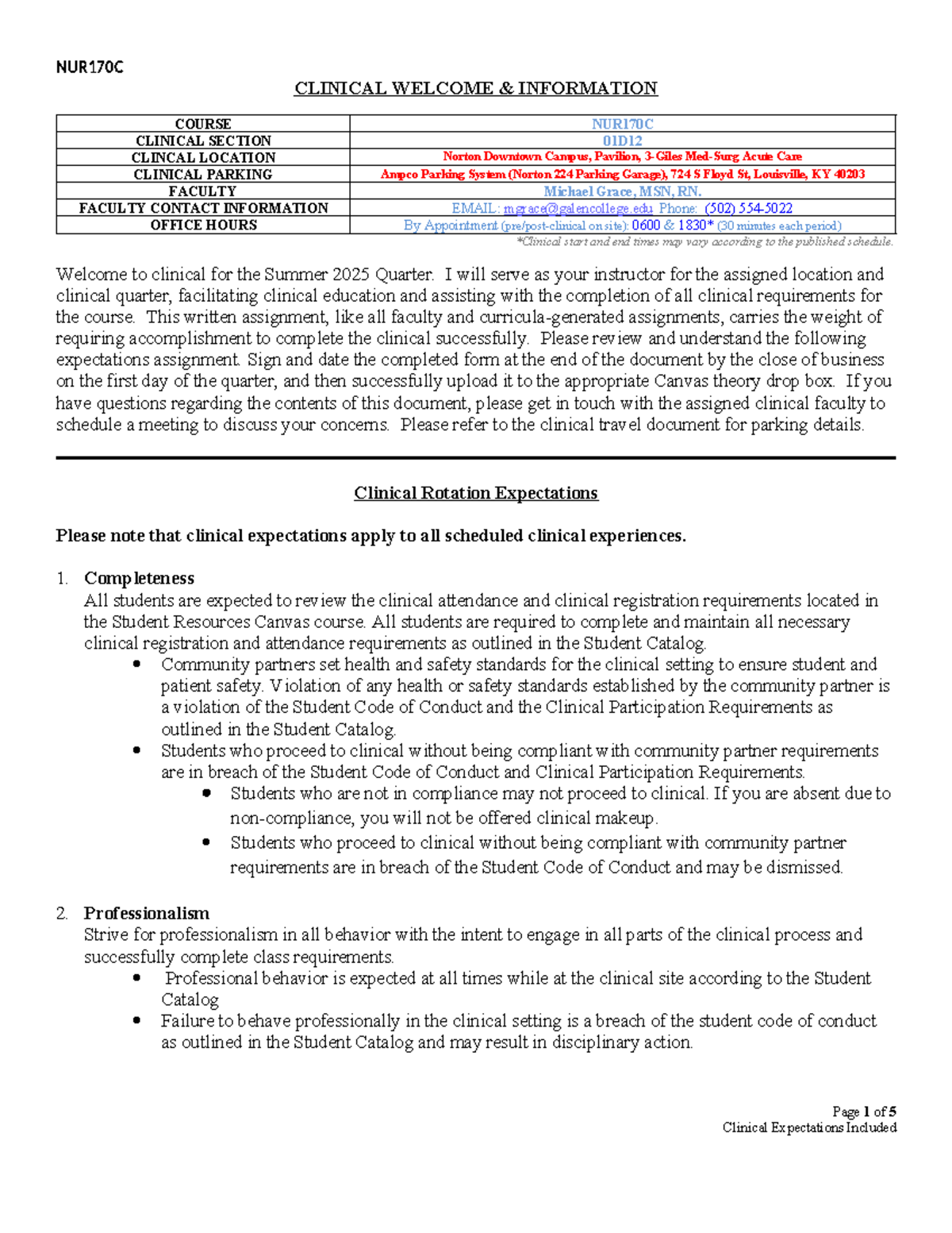 NUR170C Summer 2025 Clinical Welcome & Expectations Guide - Studocu