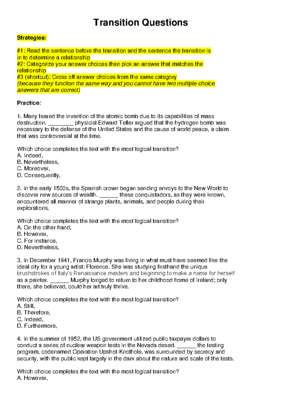 SAT Transition Questions Strategies: Logical Transition Choices and ...