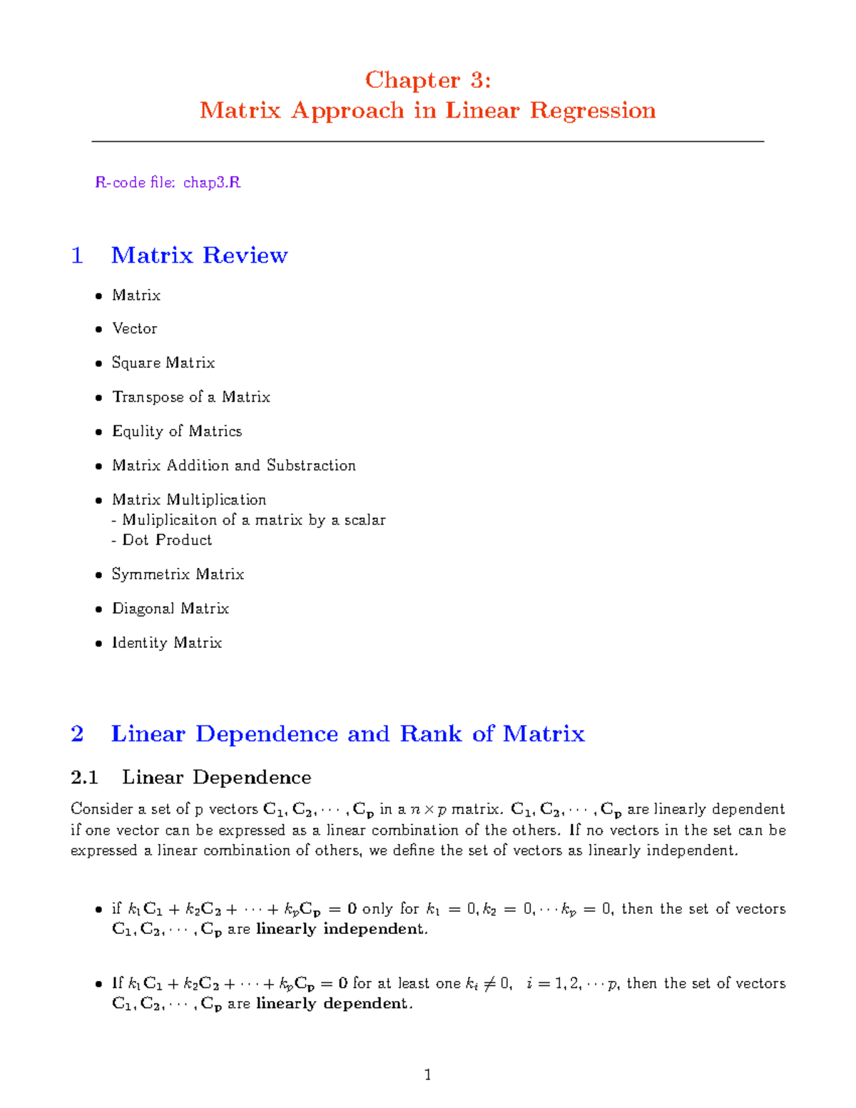 Chapter 3: Matrix Approach in Linear Regression Concepts & Examples - Studocu