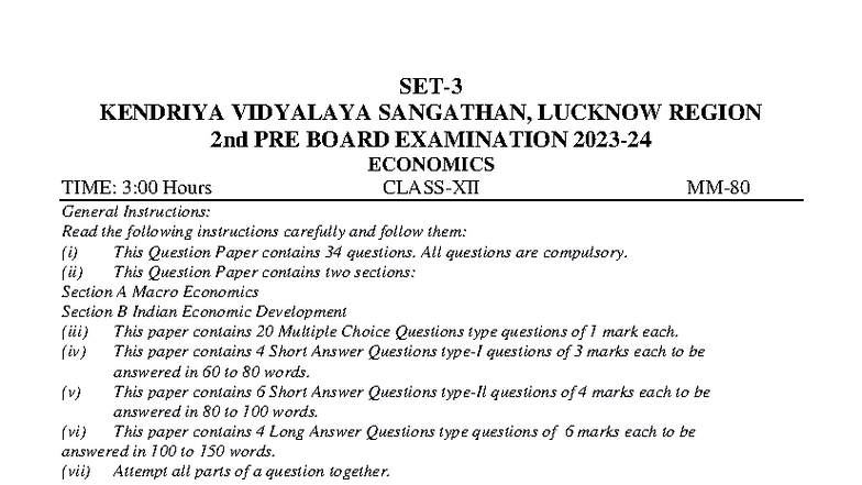 KVS Lucknow XII Economics 2nd Pre Board Exam Question Paper & Marking ...