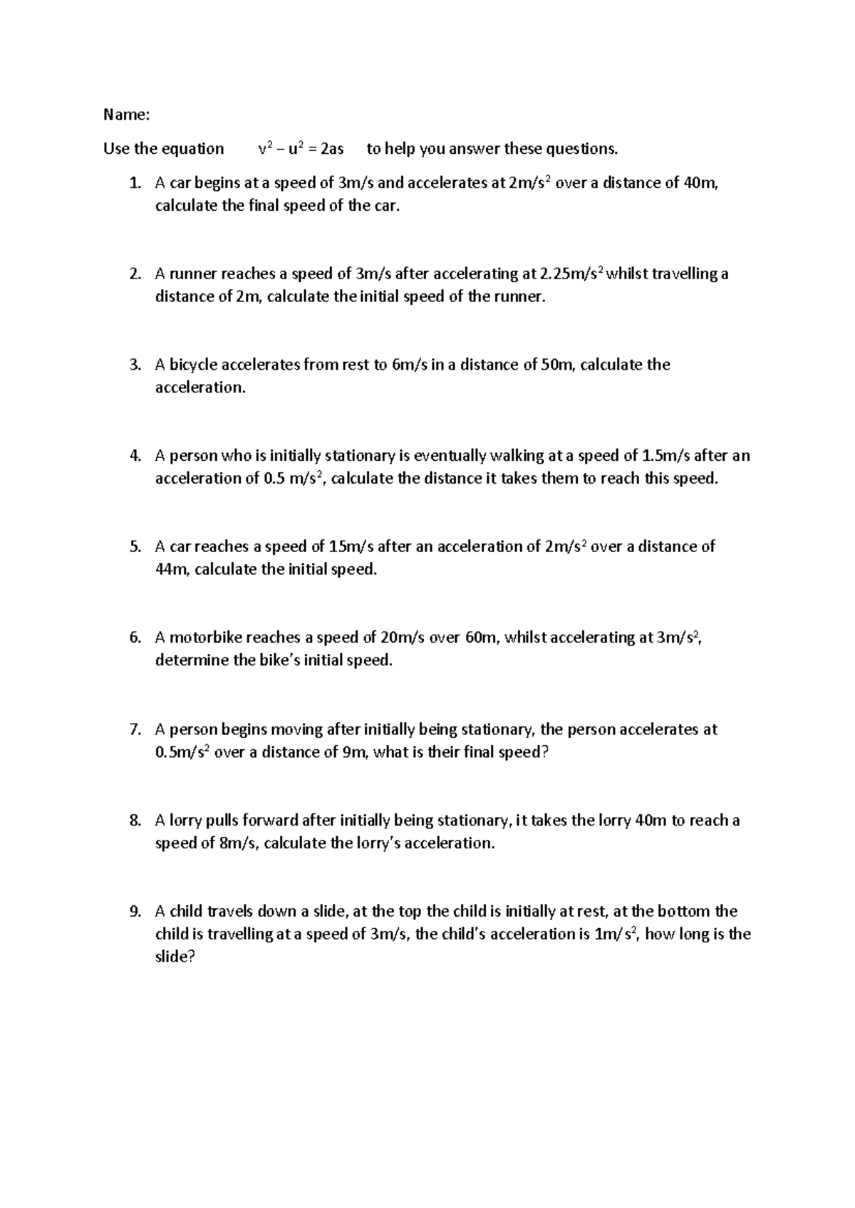 Acceleration Worksheet - Solve for Final and Initial Speeds - Studocu