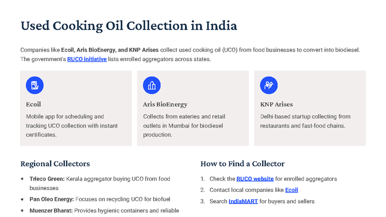 UCO Collection in India: Ecoil, Aris BioEnergy & KNP Arises - Studocu