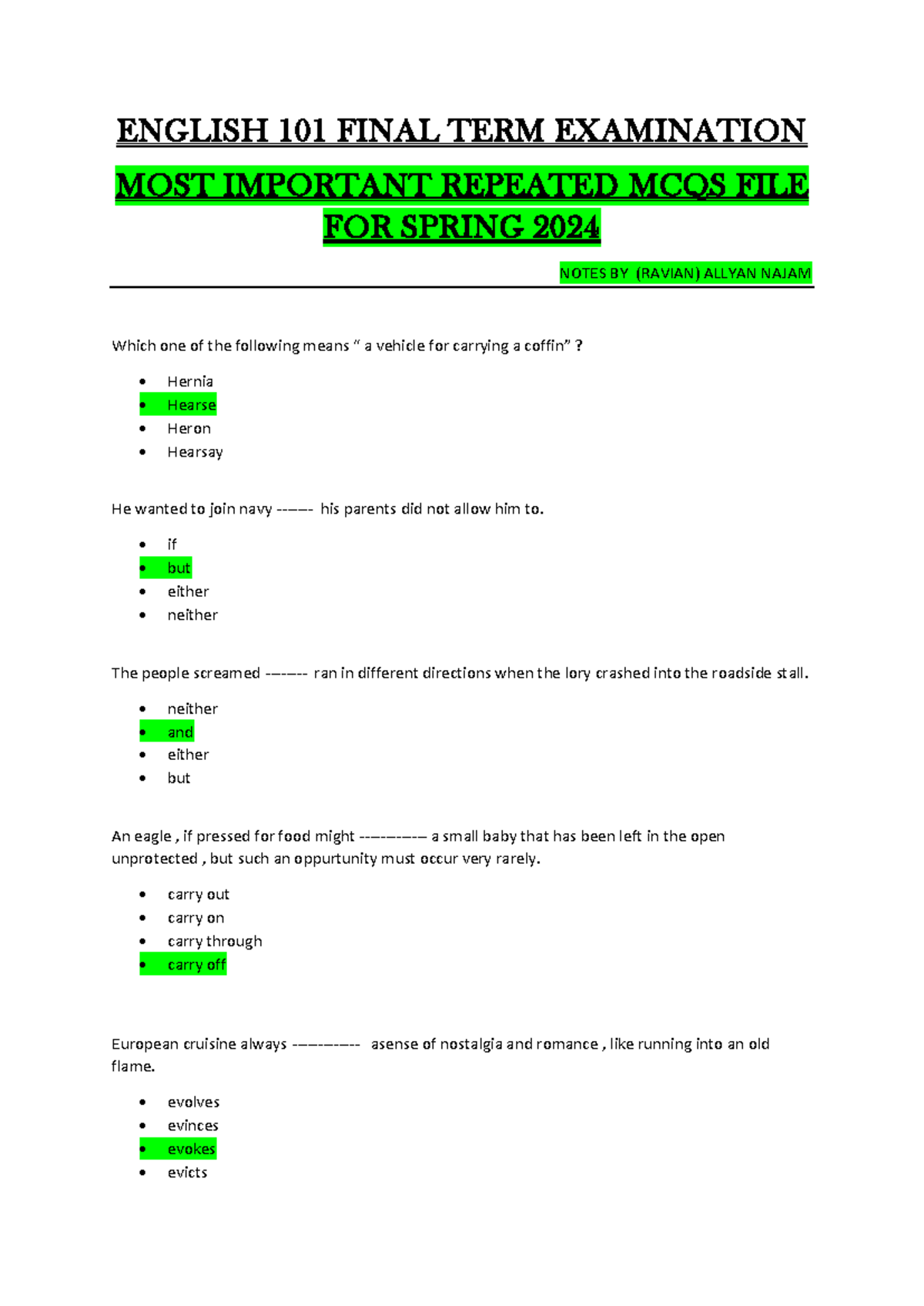 ENG 101 Final MCQs Study Guide for Spring 2024 Exam - Studocu