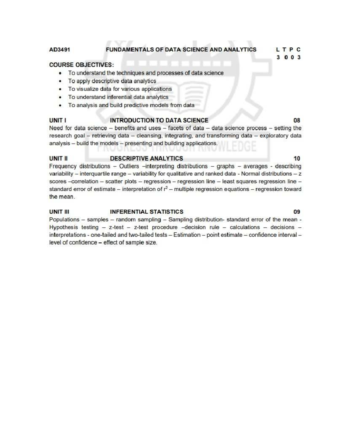 AD3491 Fundamentals of Data Science & Analytics: Course Overview - Studocu