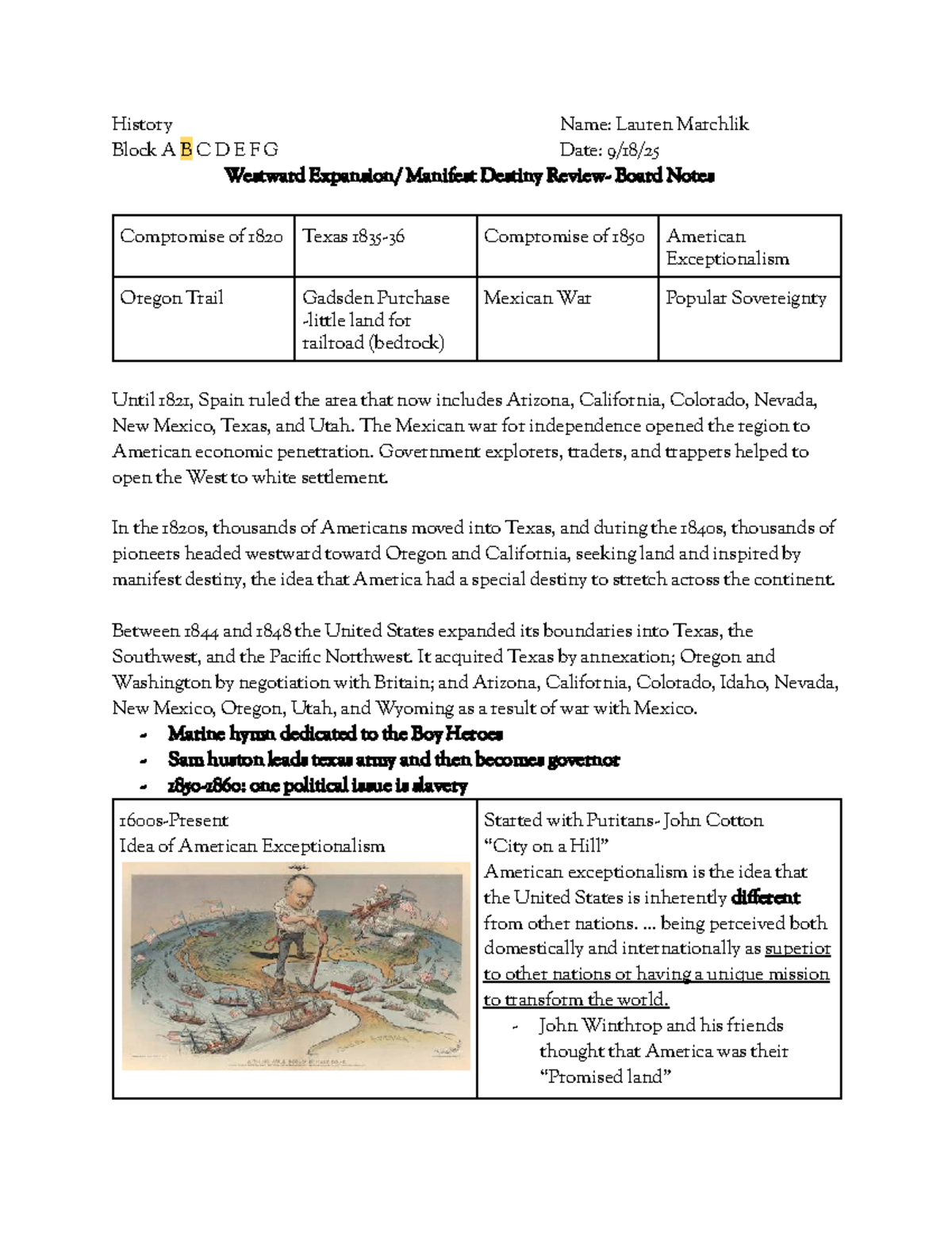 Westward Expansion & Manifest Destiny Review Notes (HIST 101) - Studocu