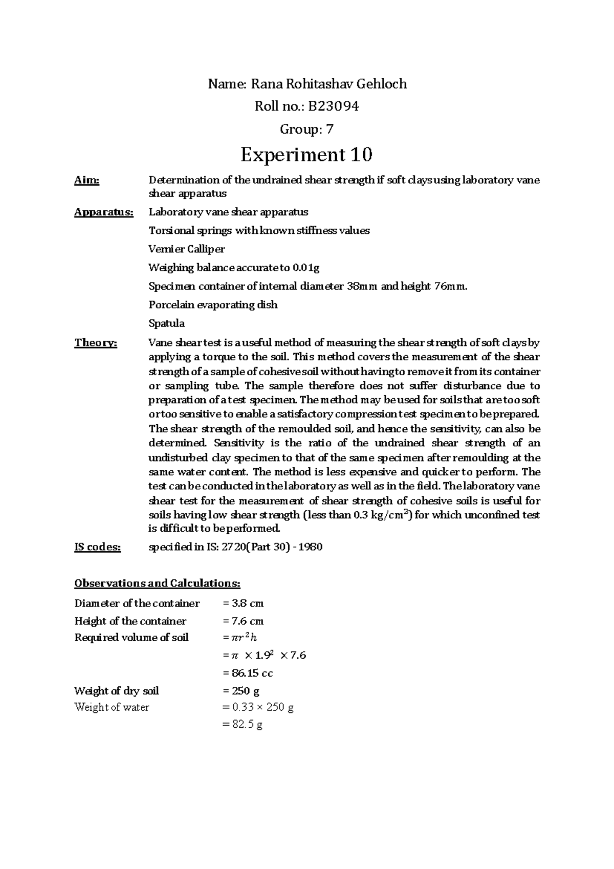 CE-311-10 - Lab Report: Vane Shear Test for Undrained Shear Strength ...