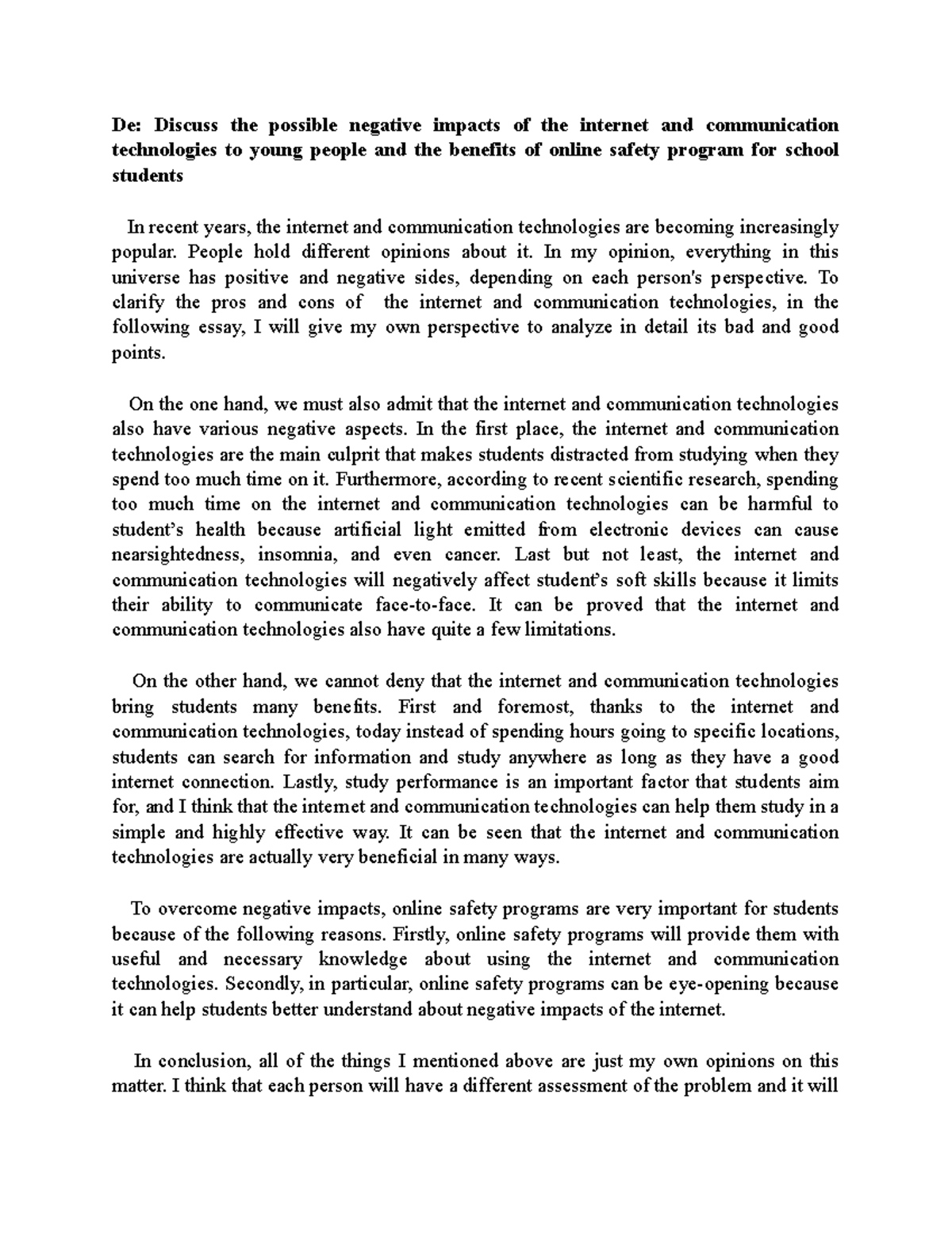 Negative Impacts of Internet & Benefits of Online Safety Programs - Studocu