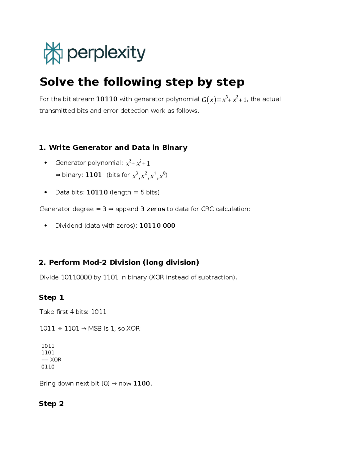 CRC Calculation Steps for Bit Stream 10110 with G(x) - Studocu