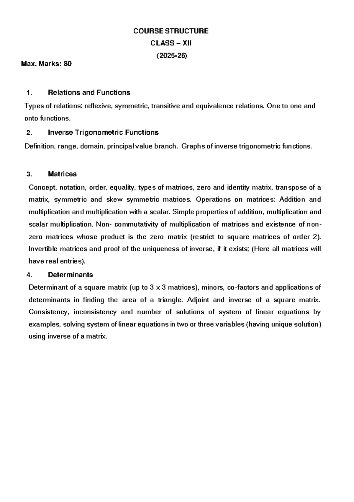 Class XII Maths Course Structure: Key Topics for Revision - Studocu