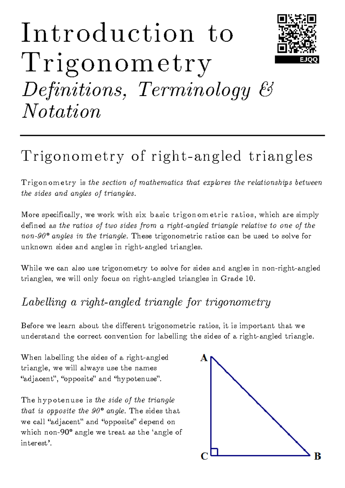 Grade 10 Trigonometry: Definitions, Ratios, and Applications - Studocu