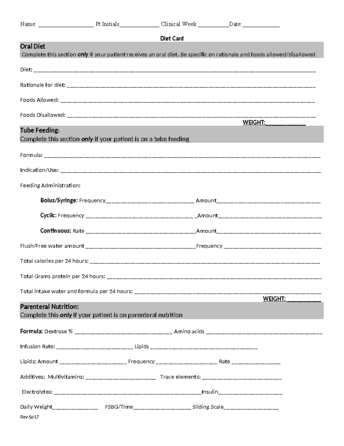 Diet Card Worksheet for Pt Clinical Week: Oral & Tube Feeding - Studocu
