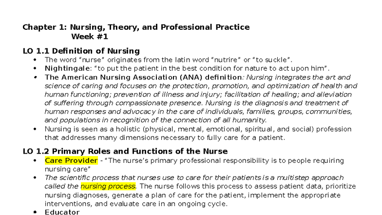 Chapter 1: Nursing Theory & Professional Practice Overview (NUR 101 ...