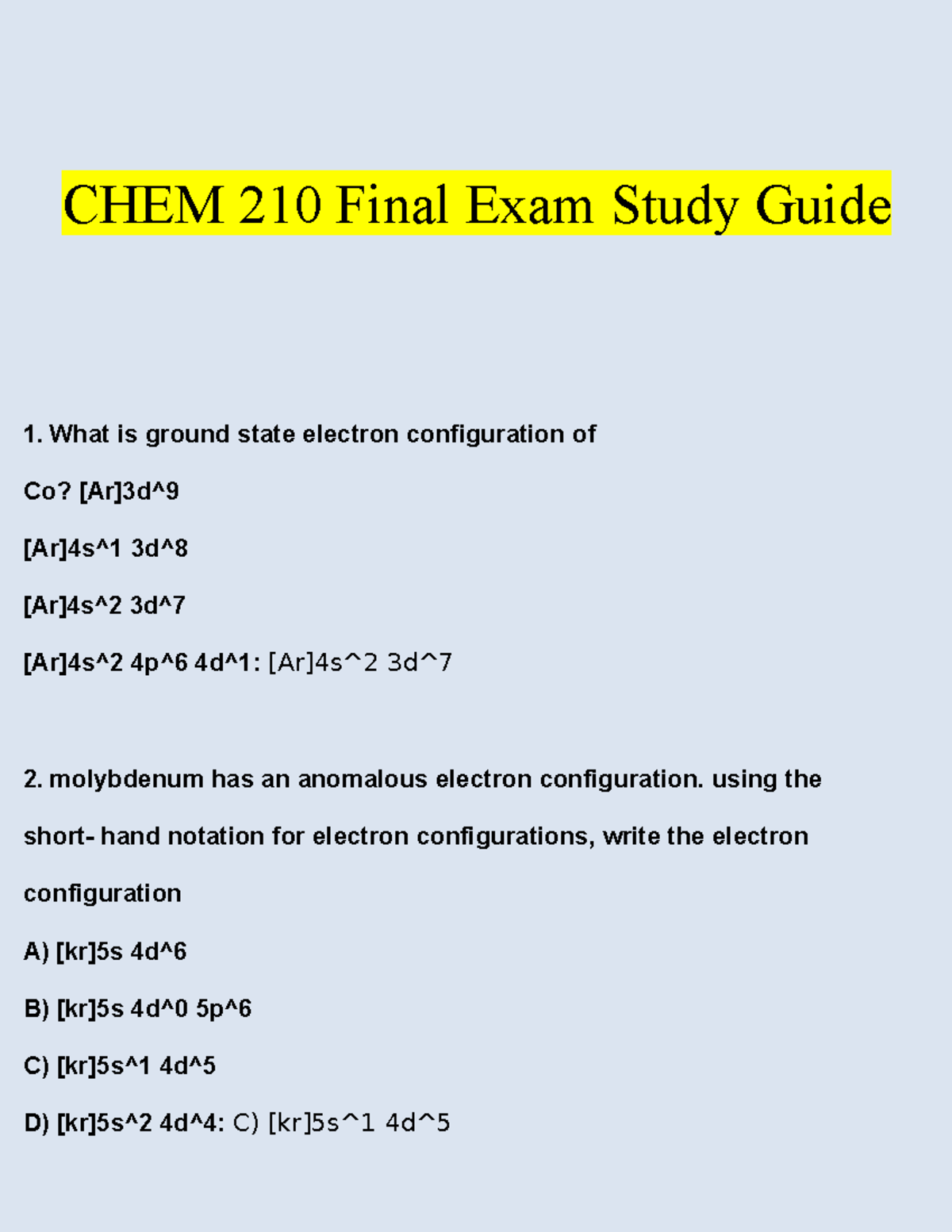 CHEM 210 Final Exam Study Guide: Key Concepts & Questions - Studocu
