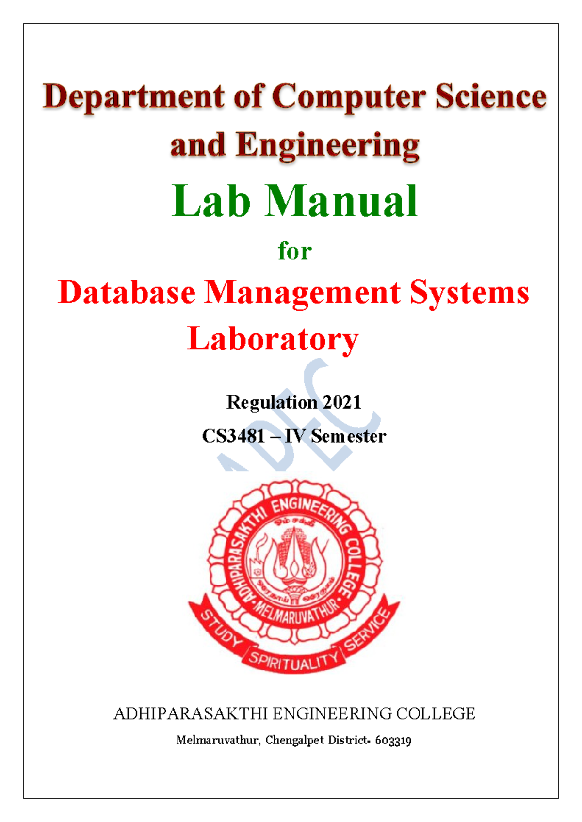 DBMS Lab Manual - CS3481 IV Sem Experiments and Guidelines - Studocu