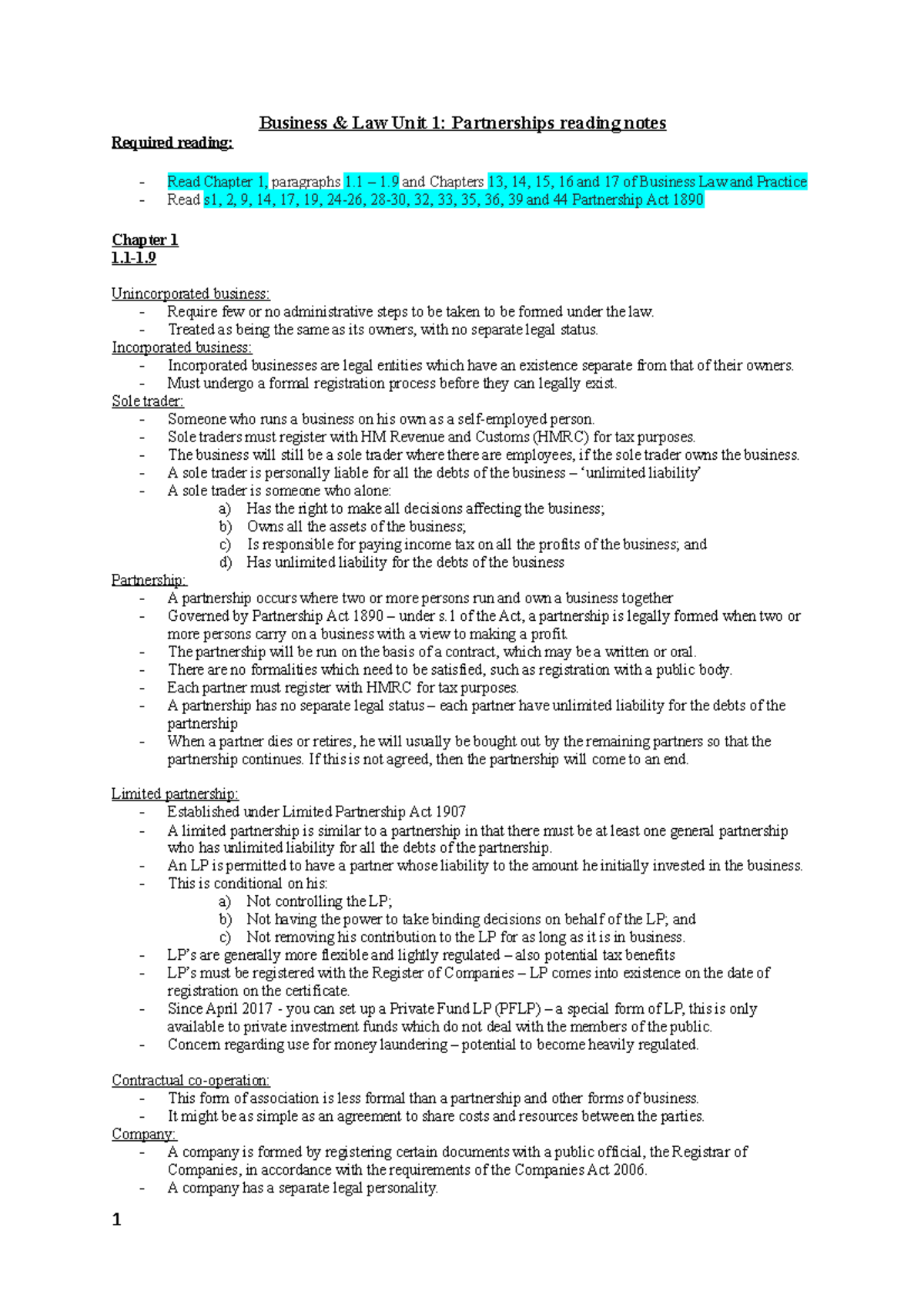 Business Law Unit 1: Partnerships reading notes - Studocu